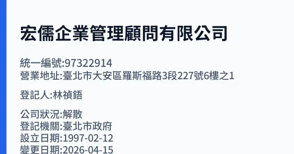 宏儒企業管理顧問有限公司的照片-統編 97322914(臺北市) 公司登記資料與營業項目詳細圖表