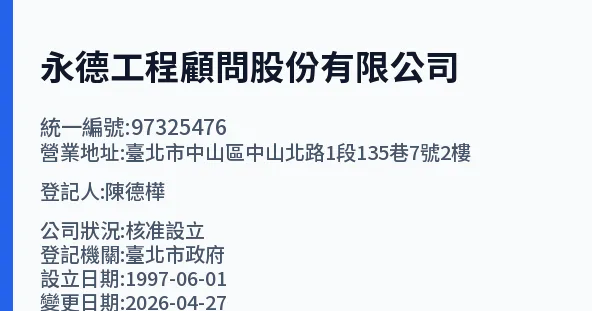 永德工程顧問股份有限公司的照片-統編 97325476(臺北市) 公司登記資料與營業項目詳細圖表