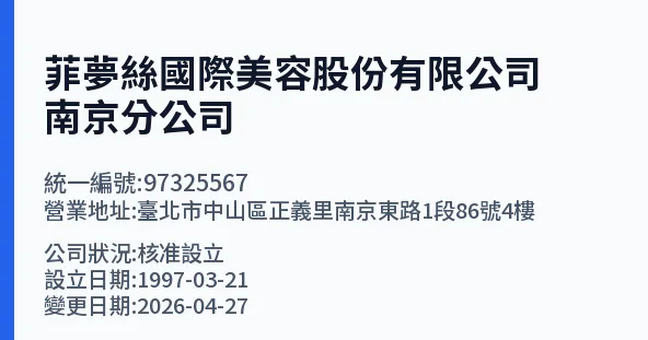 菲夢絲國際美容股份有限公司南京分公司的照片-統編 97325567(臺北市) 公司登記資料與營業項目詳細圖表