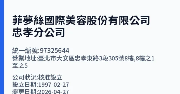 菲夢絲國際美容股份有限公司忠孝分公司的照片-統編 97325644(臺北市) 公司登記資料與營業項目詳細圖表