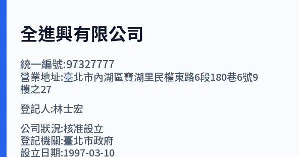 全進興有限公司的照片-統編 97327777(臺北市) 公司登記資料與營業項目詳細圖表