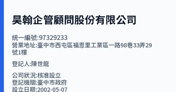 昊翰企管顧問股份有限公司的照片-統編 97329233(臺中市) 公司登記資料與營業項目詳細圖表
