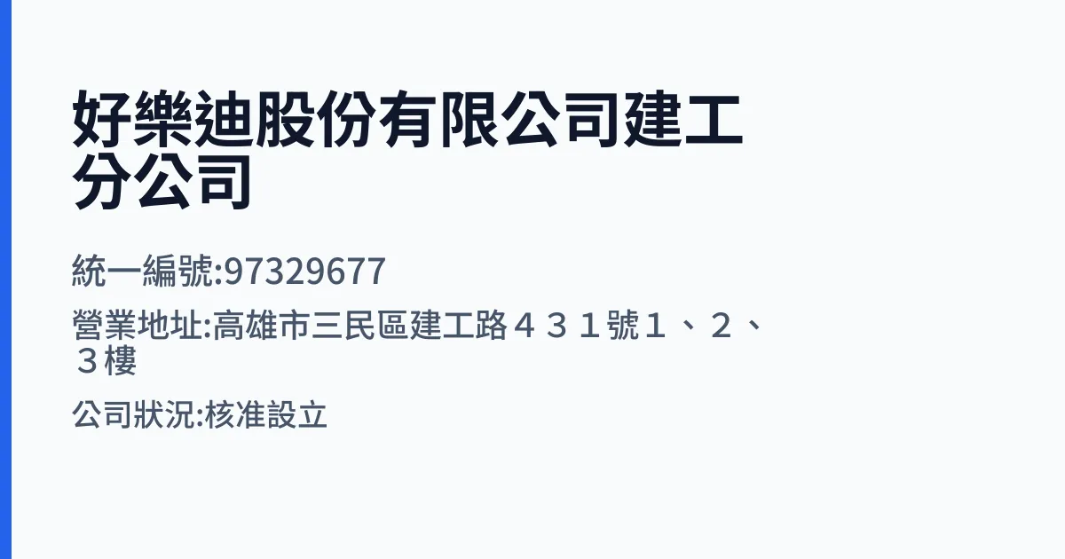 好樂迪股份有限公司建工分公司 - 統編 97329677(高雄市) 公司登記資料與營業項目詳細圖表