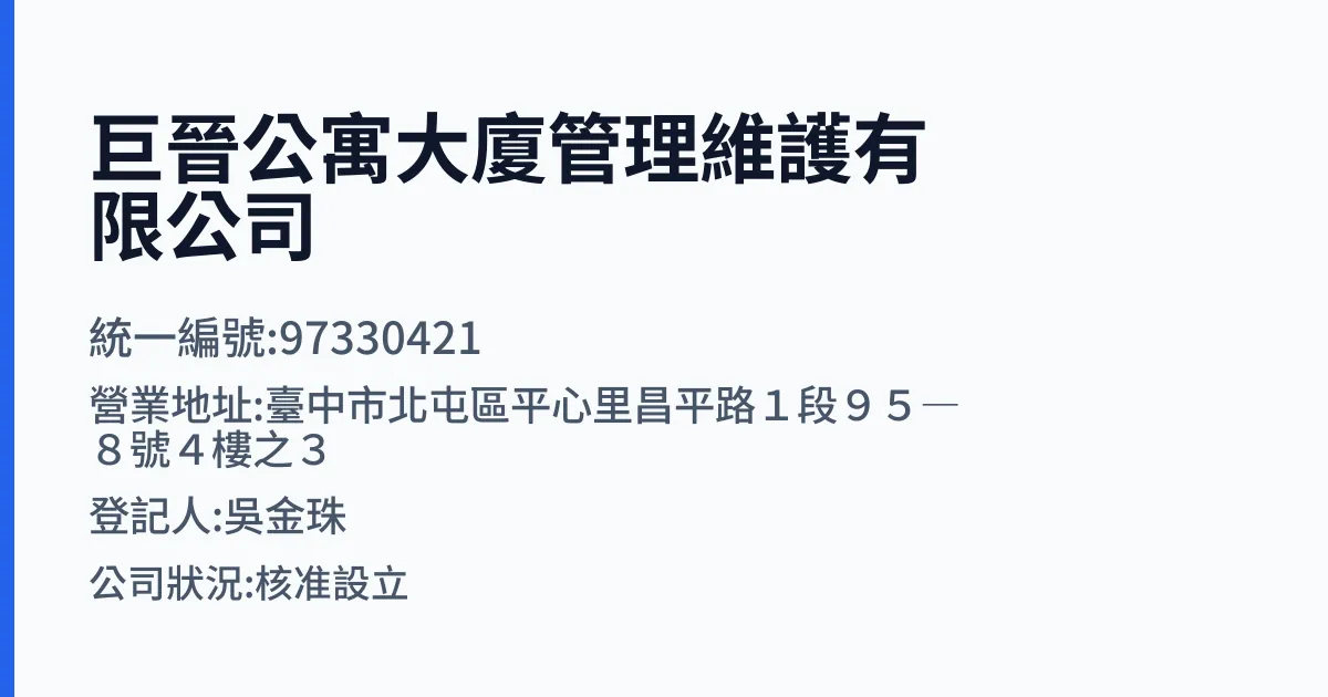 巨晉公寓大廈管理維護有限公司 - 統編 97330421(臺中市) 公司登記資料與營業項目詳細圖表