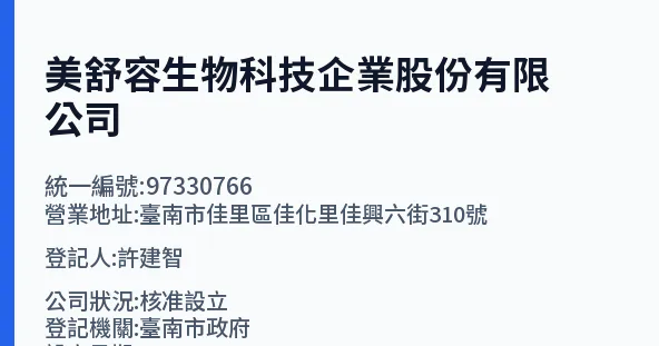 美舒容生物科技企業股份有限公司的照片-統編 97330766(臺南市) 公司登記資料與營業項目詳細圖表