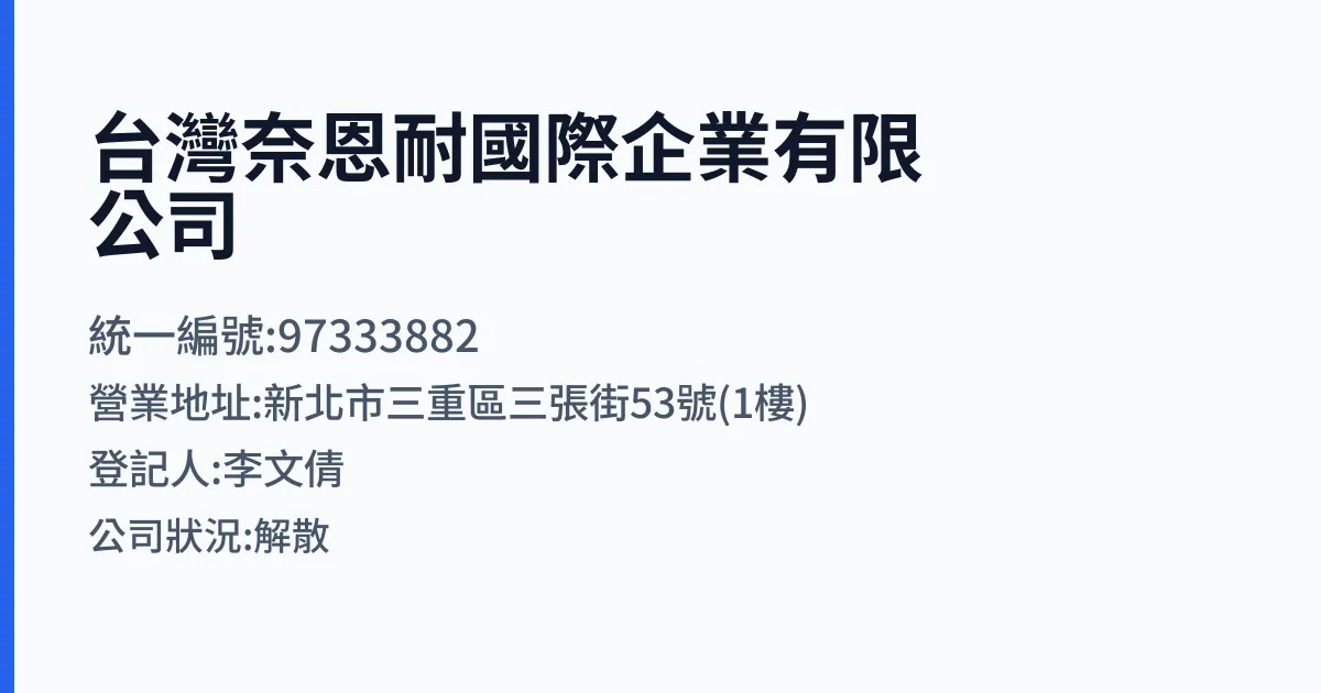 台灣奈恩耐國際企業有限公司 - 統編 97333882(新北市) 公司登記資料與營業項目詳細圖表