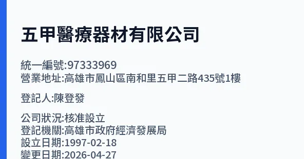 五甲醫療器材有限公司的照片-統編 97333969(高雄市) 公司登記資料與營業項目詳細圖表