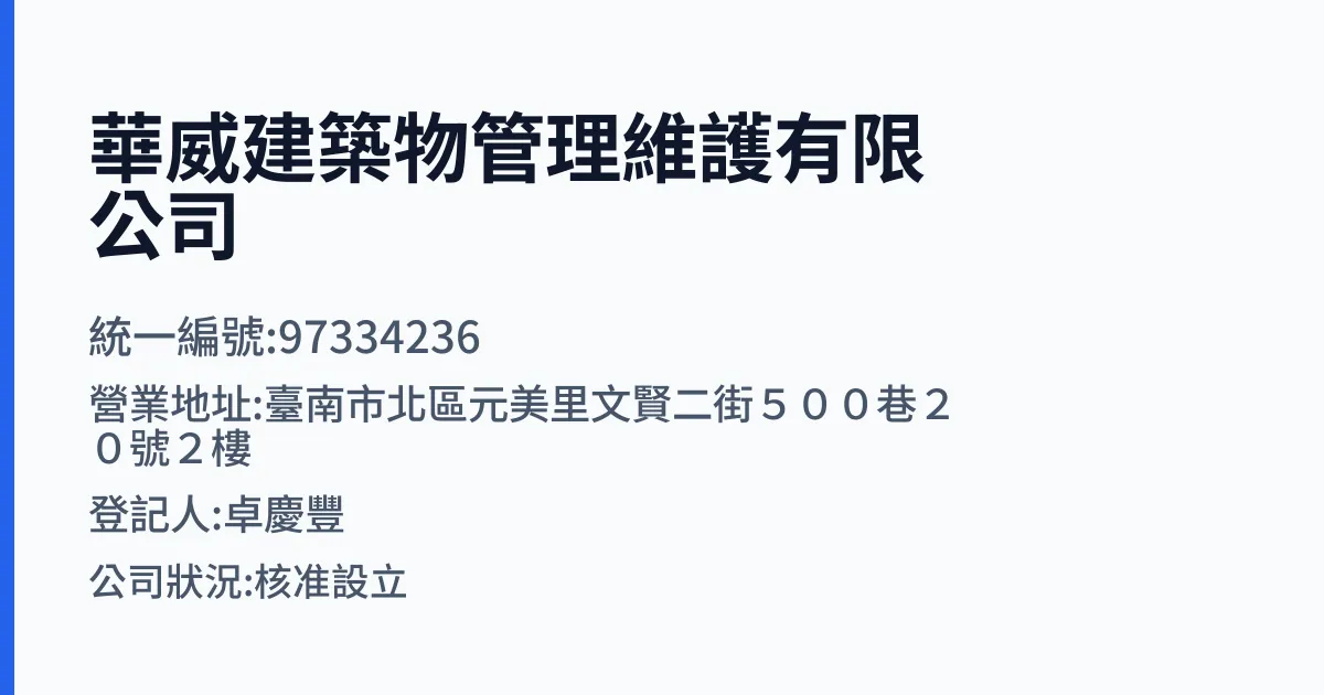 華威建築物管理維護有限公司 - 統編 97334236（臺南市） 公司登記資料與營業項目詳細圖表