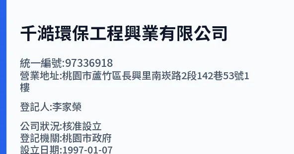 千澔環保工程興業有限公司的照片-統編 97336918(桃園市) 公司登記資料與營業項目詳細圖表