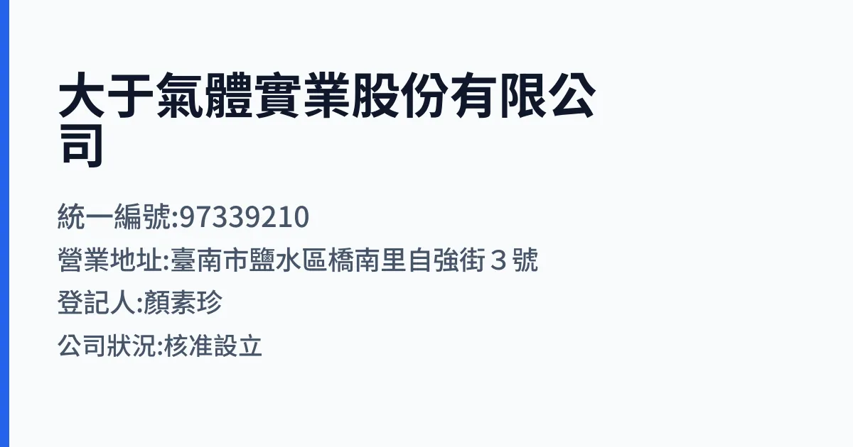 大于氣體實業股份有限公司 - 統編 97339210 (臺南市) 公司登記資料與營業項目詳細圖表