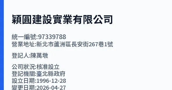 穎圓建設實業有限公司的照片-統編 97339788(新北市) 公司登記資料與營業項目詳細圖表