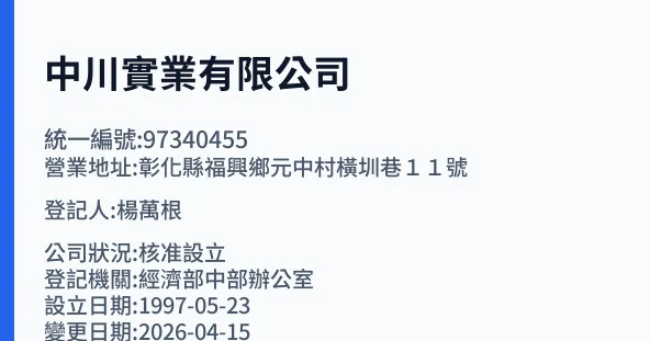 中川實業有限公司的照片-統編 97340455(彰化縣) 公司登記資料與營業項目詳細圖表