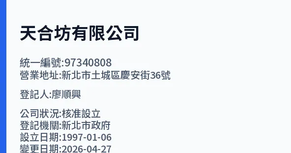 天合坊有限公司的照片-統編 97340808(新北市) 公司登記資料與營業項目詳細圖表