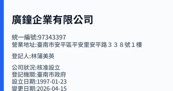 廣鐘企業有限公司的照片-統編 97343397(臺南市) 公司登記資料與營業項目詳細圖表