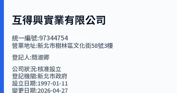 互得興實業有限公司的照片-統編 97344754(新北市) 公司登記資料與營業項目詳細圖表