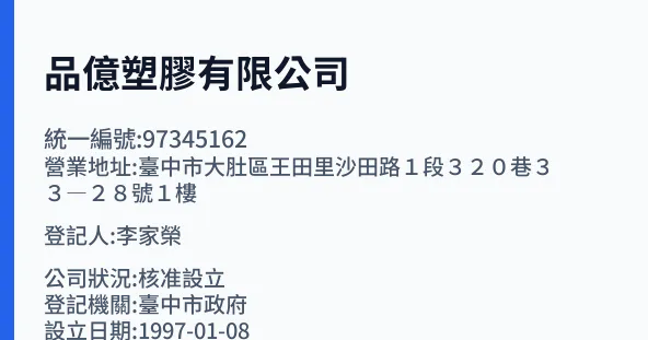 品億塑膠有限公司的照片-統編 97345162(臺中市) 公司登記資料與營業項目詳細圖表