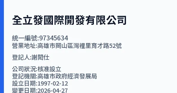 全立發國際開發有限公司的照片-統編 97345634(高雄市) 公司登記資料與營業項目詳細圖表