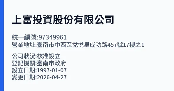 上富投資股份有限公司的照片-統編 97349961(臺南市) 公司登記資料與營業項目詳細圖表