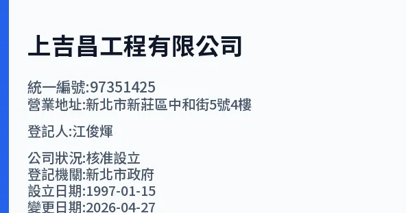 上吉昌工程有限公司的照片-統編 97351425(新北市) 公司登記資料與營業項目詳細圖表