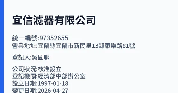 宜信濾器有限公司的照片-統編 97352655(宜蘭縣) 公司登記資料與營業項目詳細圖表
