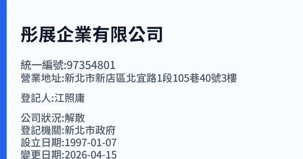 彤展企業有限公司的照片-統編 97354801(新北市) 公司登記資料與營業項目詳細圖表