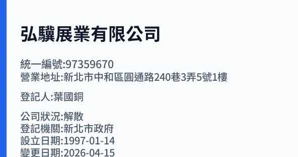 弘驥展業有限公司的照片-統編 97359670(新北市) 公司登記資料與營業項目詳細圖表