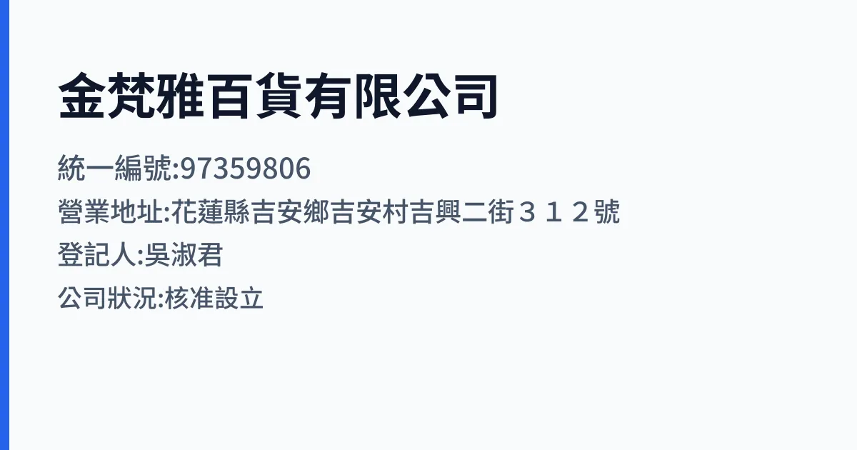 金梵雅百貨有限公司 - 統編 97359806(花蓮縣) 公司登記資料與營業項目詳細圖表