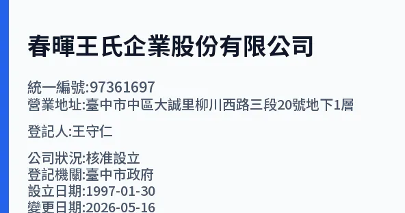 春暉王氏企業股份有限公司的照片-統編 97361697(臺中市) 公司登記資料與營業項目詳細圖表