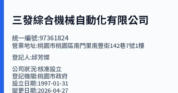 三發綜合機械自動化有限公司的照片-統編 97361824(桃園市) 公司登記資料與營業項目詳細圖表