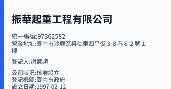 振華起重工程有限公司的照片-統編 97362582(臺中市) 公司登記資料與營業項目詳細圖表