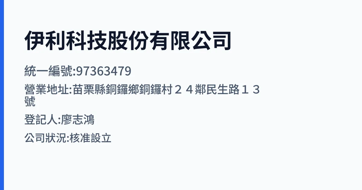 伊利科技股份有限公司 - 統編 97363479(苗栗縣) 公司登記資料與營業項目詳細圖表