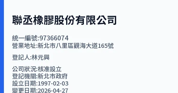 聯丞橡膠股份有限公司的照片-統編 97366074(新北市) 公司登記資料與營業項目詳細圖表
