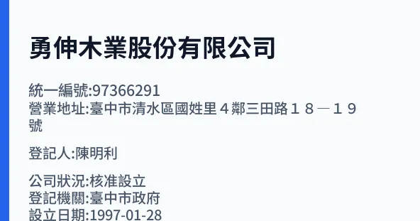 勇伸木業股份有限公司的照片-統編 97366291(臺中市) 公司登記資料與營業項目詳細圖表
