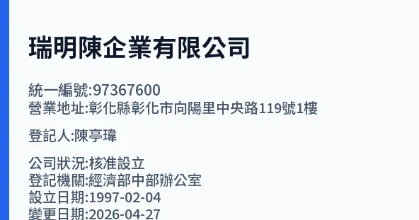 瑞明陳企業有限公司的照片-統編 97367600(彰化縣) 公司登記資料與營業項目詳細圖表