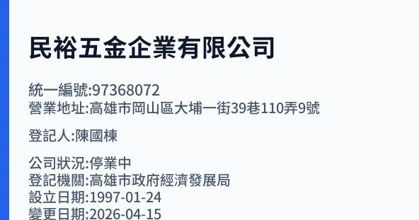 民裕五金企業有限公司的照片-統編 97368072(高雄市) 公司登記資料與營業項目詳細圖表