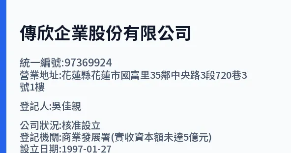傳欣企業股份有限公司的照片-統編 97369924(花蓮縣) 公司登記資料與營業項目詳細圖表