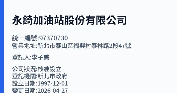 永錡加油站股份有限公司的照片-統編 97370730(新北市) 公司登記資料與營業項目詳細圖表