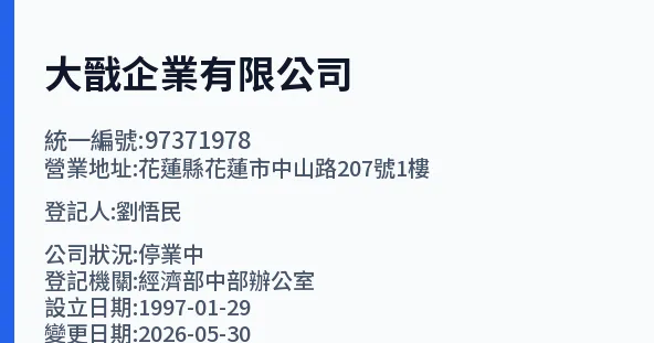 大戩企業有限公司的照片-統編 97371978(花蓮縣) 公司登記資料與營業項目詳細圖表