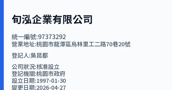 旬泓企業有限公司的照片-統編 97373292(桃園市) 公司登記資料與營業項目詳細圖表