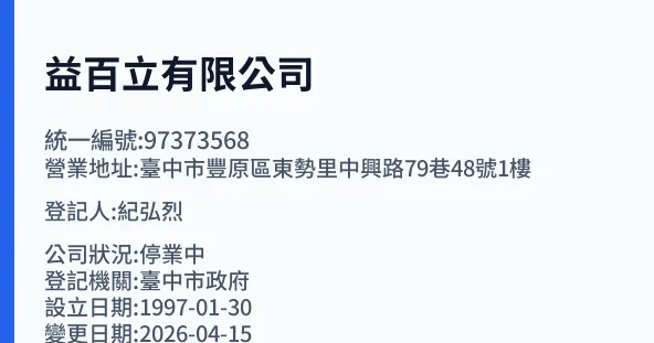 益百立有限公司的照片-統編 97373568(臺中市) 公司登記資料與營業項目詳細圖表