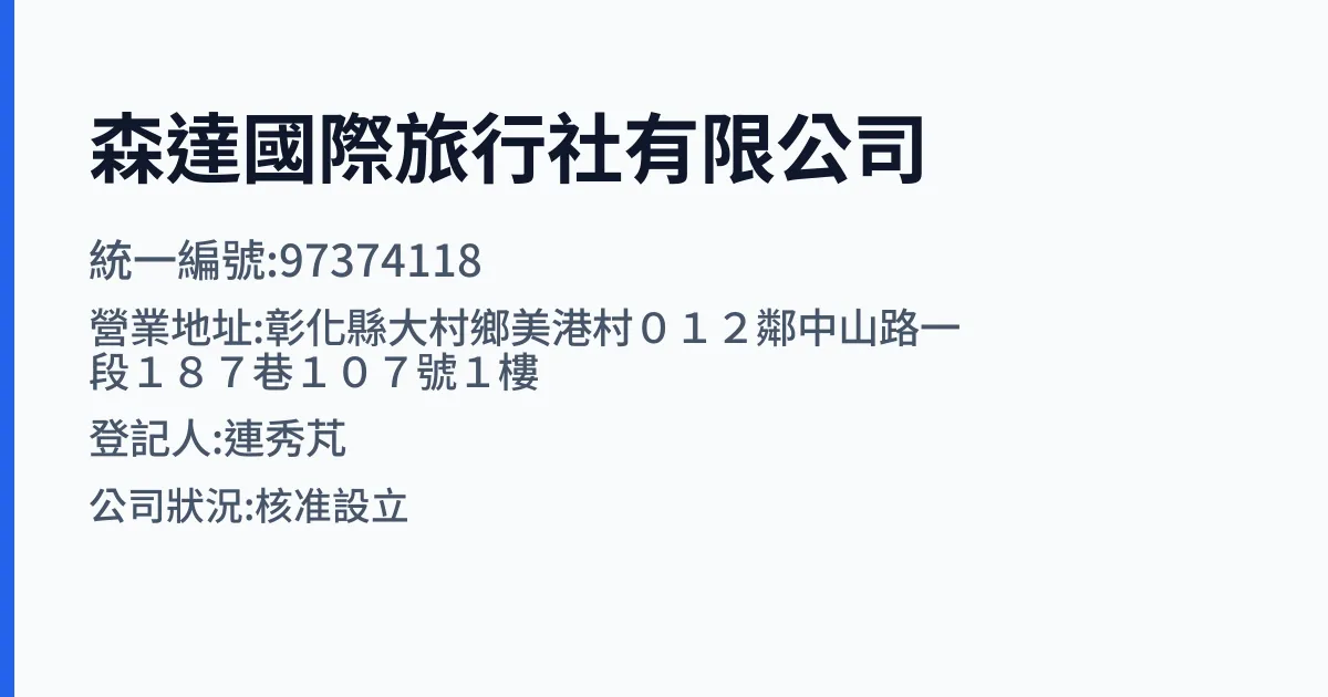 森達國際旅行社有限公司 - 統編 97374118(彰化縣) 公司登記資料與營業項目詳細圖表