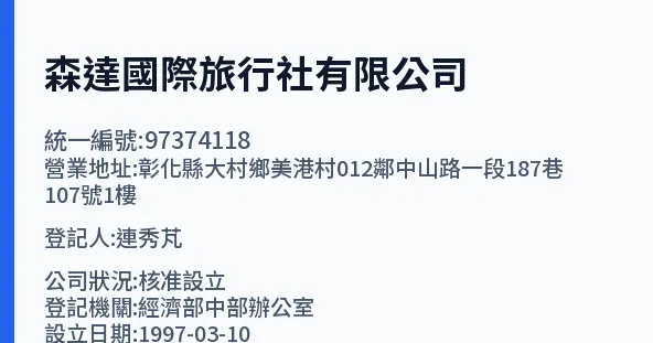 森達國際旅行社有限公司的照片-統編 97374118(彰化縣) 公司登記資料與營業項目詳細圖表