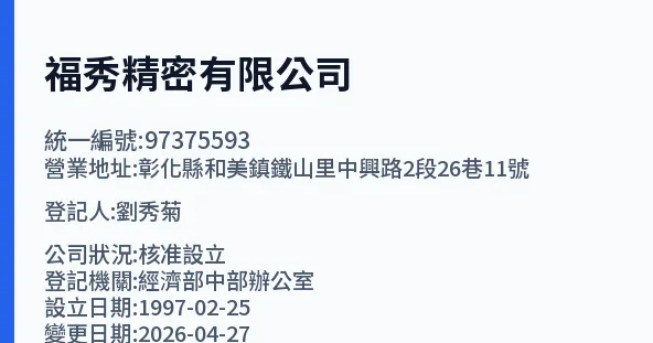 福秀精密有限公司的照片-統編 97375593(彰化縣) 公司登記資料與營業項目詳細圖表