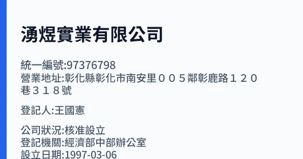 湧煜實業有限公司的照片-統編 97376798(彰化縣) 公司登記資料與營業項目詳細圖表