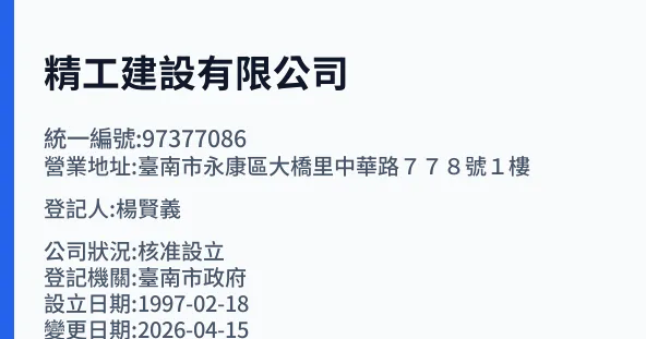 精工建設有限公司的照片-統編 97377086(臺南市) 公司登記資料與營業項目詳細圖表