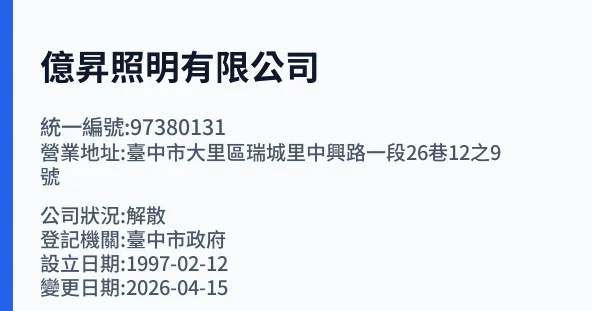 億昇照明有限公司的照片-統編 97380131(臺中市) 公司登記資料與營業項目詳細圖表