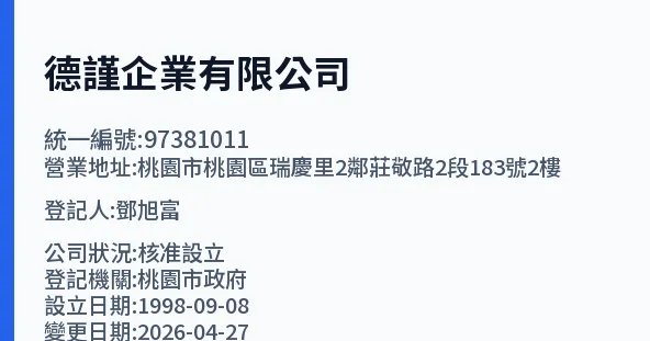 德謹企業有限公司的照片-統編 97381011(桃園市) 公司登記資料與營業項目詳細圖表
