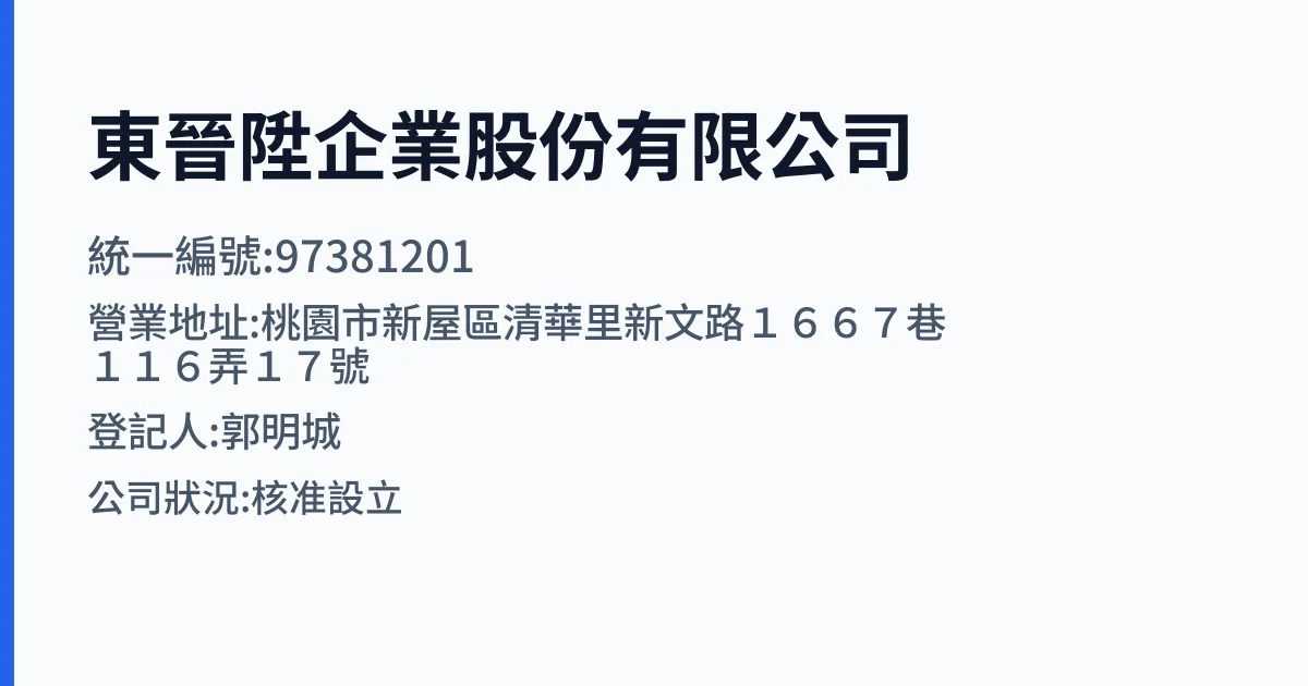 東晉陞企業股份有限公司 - 統編 97381201(桃園市) 公司登記資料與營業項目詳細圖表