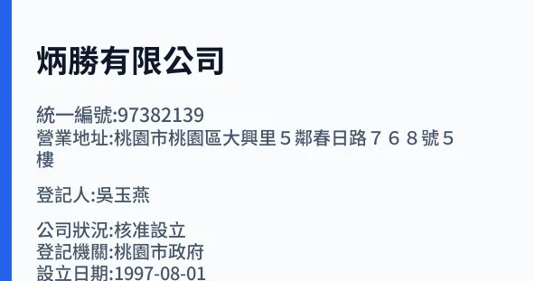 炳勝有限公司的照片-統編 97382139(桃園市) 公司登記資料與營業項目詳細圖表