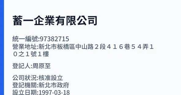 蓄一企業有限公司的照片-統編 97382715(新北市) 公司登記資料與營業項目詳細圖表